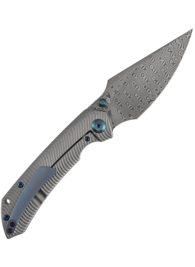 Kansept Fenrir Framelock Damascus Steel Blade Gray Titanium Handle