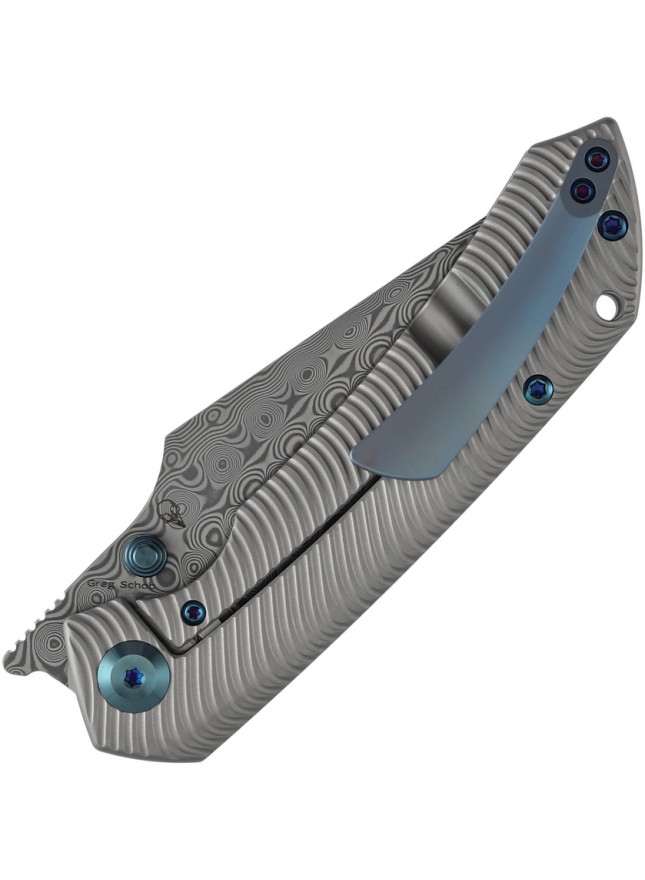 Kansept Fenrir Framelock Damascus Steel Blade Gray Titanium Handle