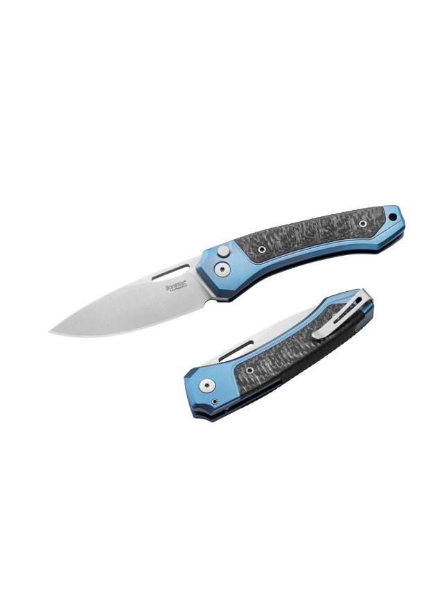 Twain MagnaCut steel Integral Blue Titanium handle Carbon Fiber button