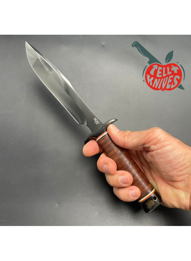 Vintage SOG Agency AUS-8 steel TiNi finish stacked leather black ...