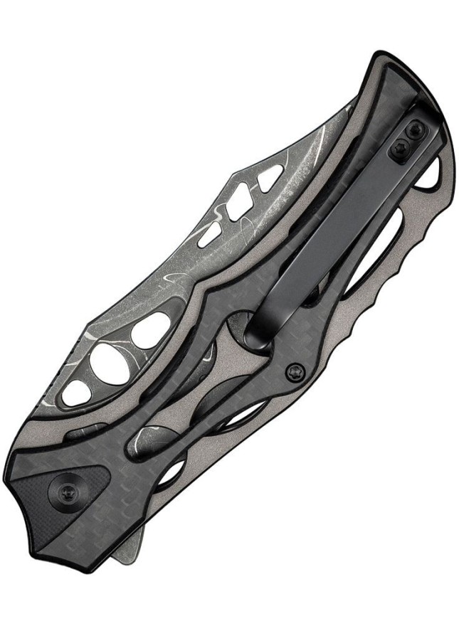Biophase Flipper & Button Lock Knife Aluminum & CF Handle Damascus ste