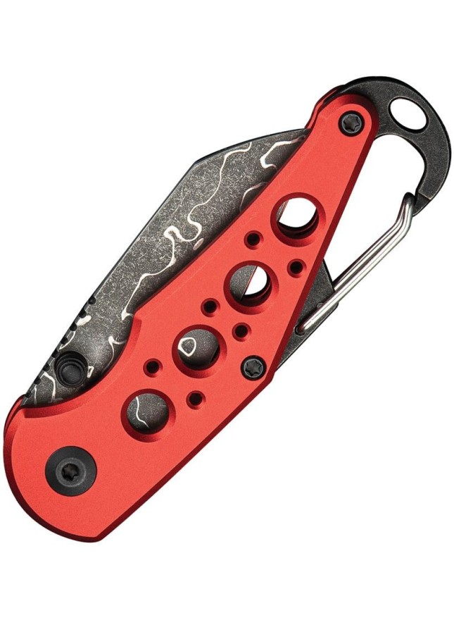 Pragma Button Lock Knife Red Aluminum Handle Stainless Damascus steel