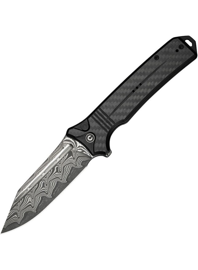 Neurohaptic Button Lock Damascus steel Carbon Fiber handle