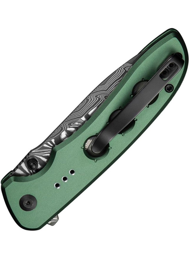 Hyperpulse folding knife Damascus blade Button Lock Green Aluminium ...