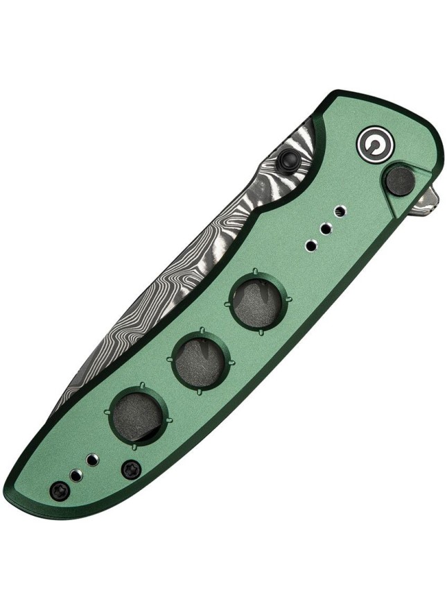 Hyperpulse folding knife Damascus blade Button Lock Green Aluminium ...